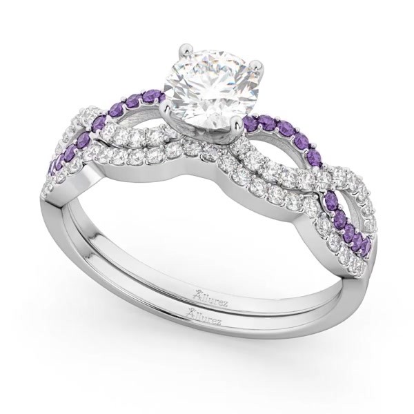 Infinity Diamond Amethyst Engagement Ring Set 14k White Gold 0.34ct U6551